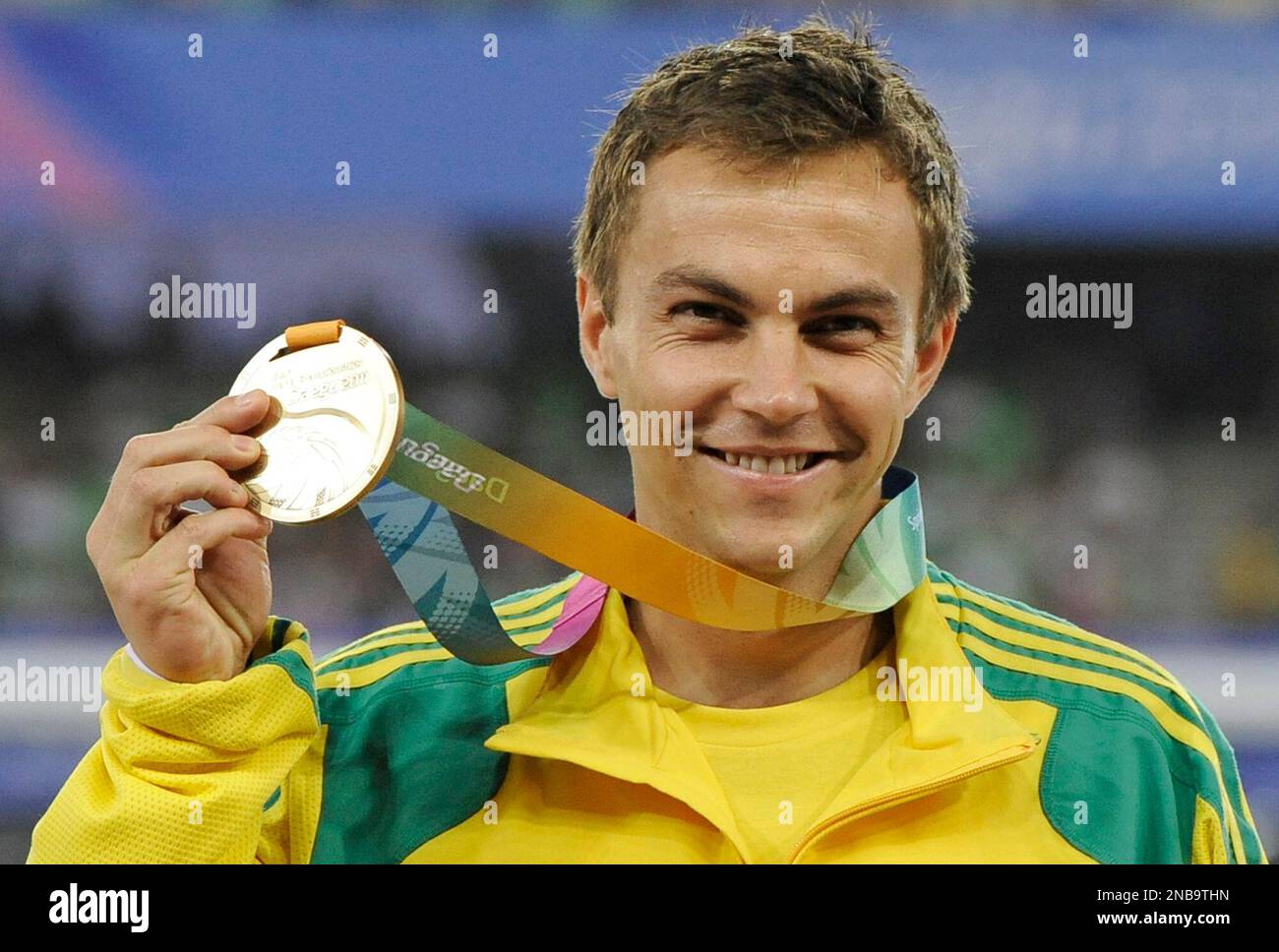 South Africa's L.J. van Zyl poses with bronze medal during the medal ...