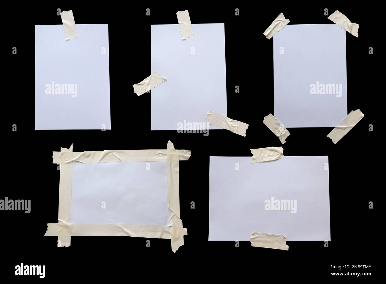 Variety of white paper stuck with sticky tape isolated on a white ...