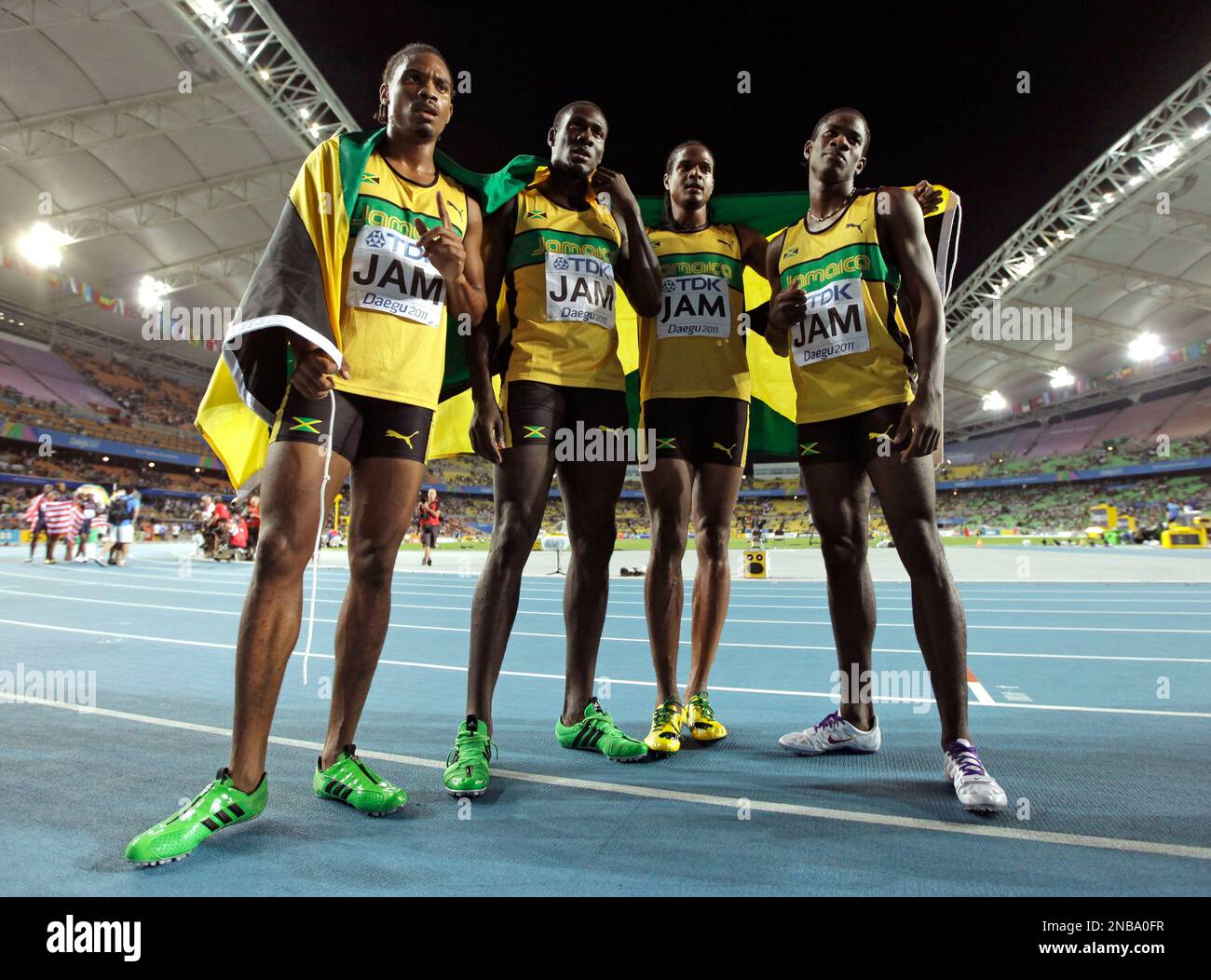 Jamaican Men's 4x400m relay team celebrate winning bronze in the Men's 4x400m Relay final at the ...