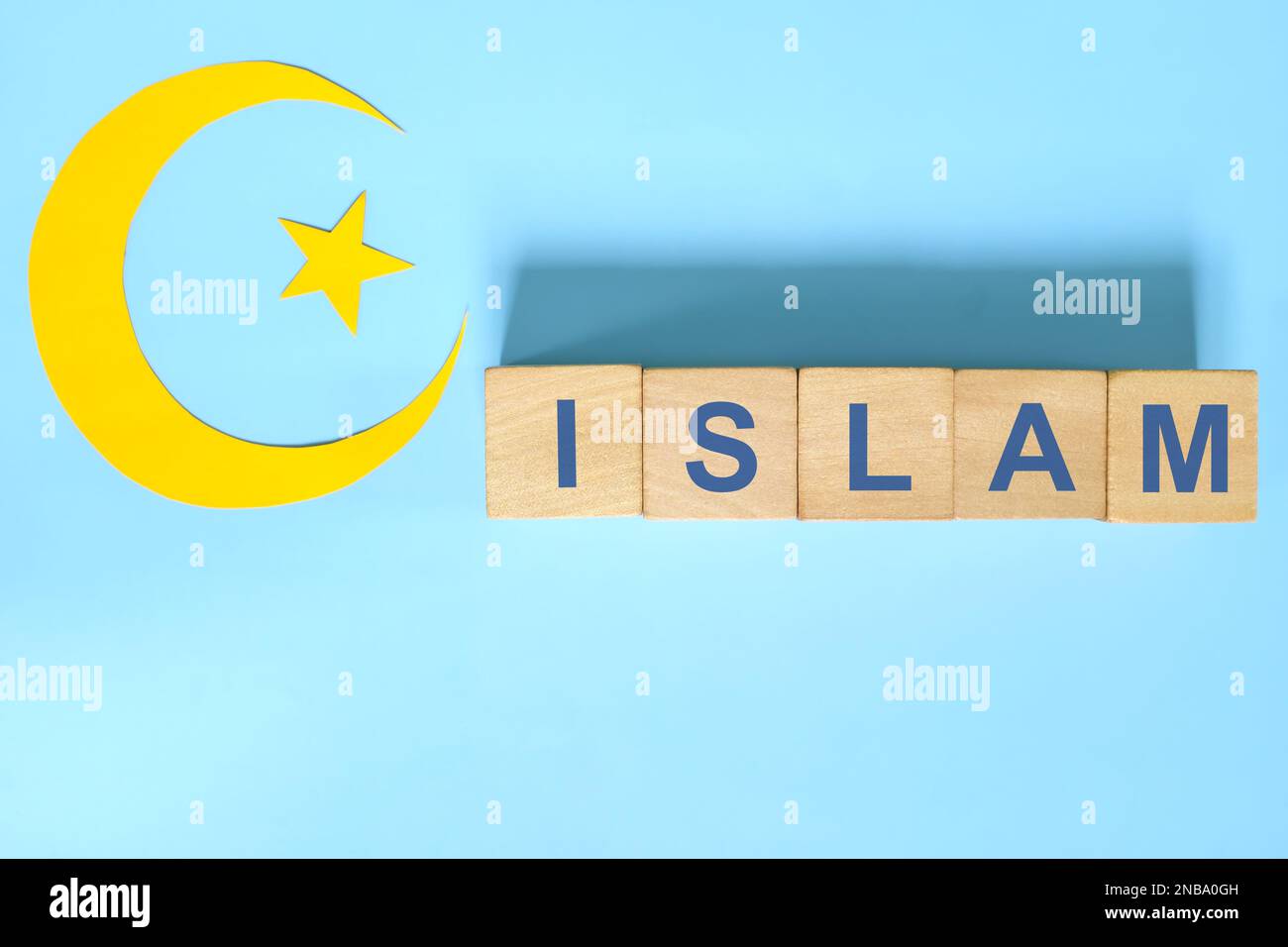 Islam religion concept. Wooden blocks word typography in blue ...