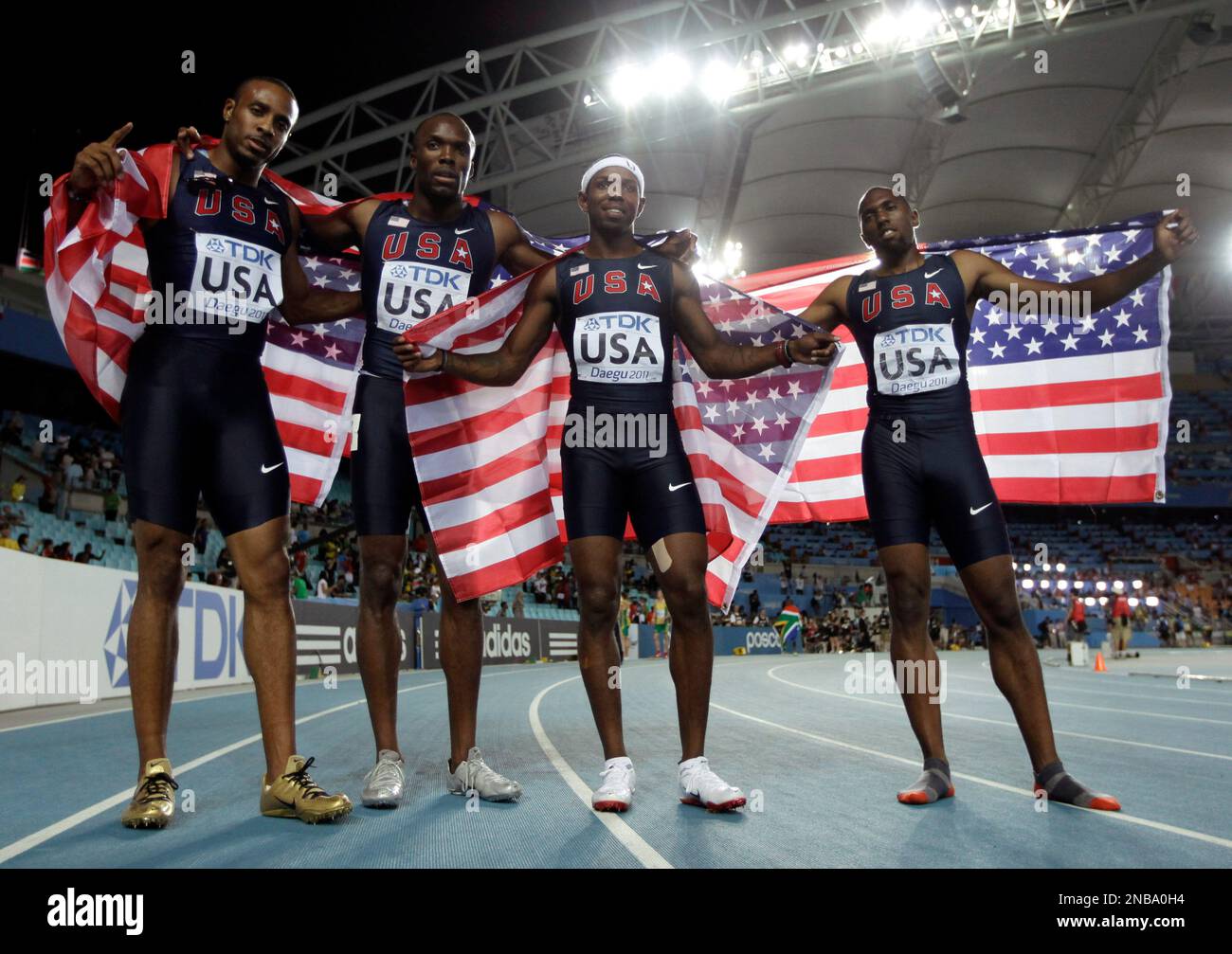 USA relay team members from left, Angelo Taylor, LaShawn Merritt ...