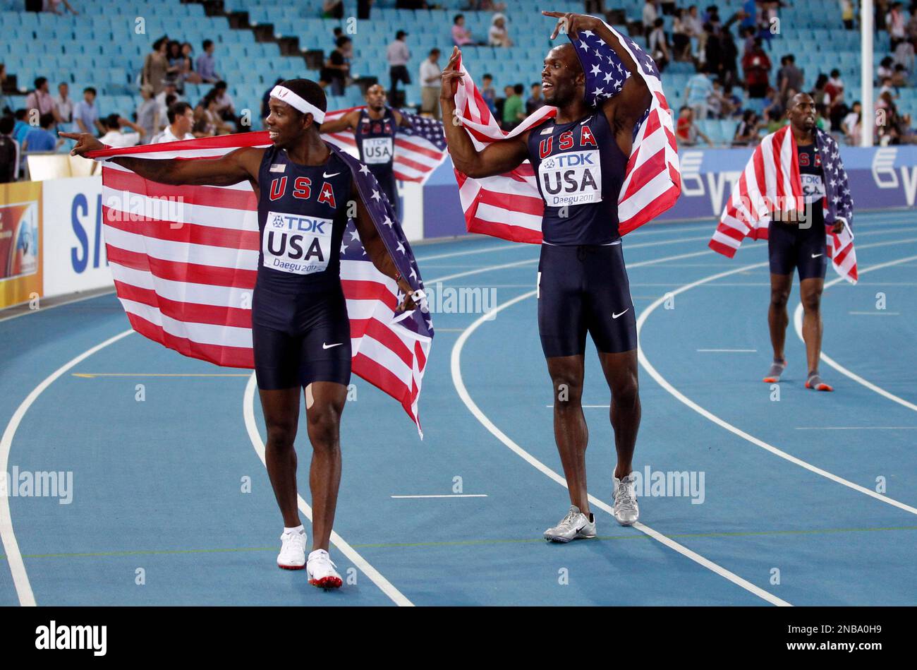 USA relay team members from left, Bershawn Jackson, LaShawn Merritt ...