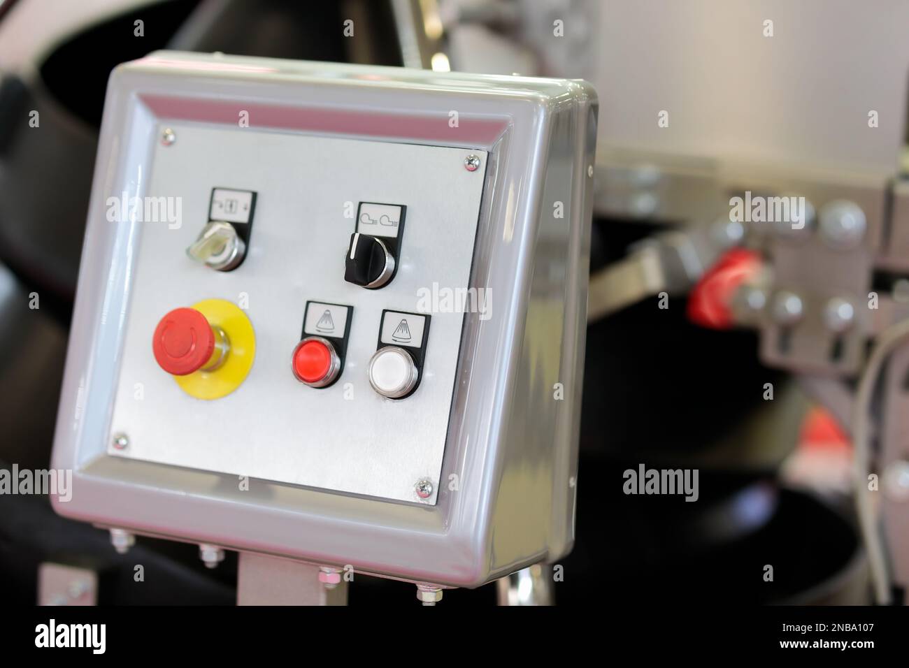 Remote control console in food production factory. Selective focus ...