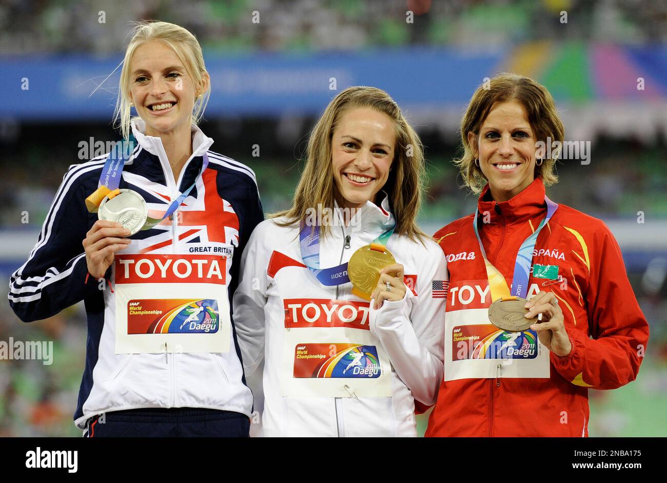 USA's Jennifer Barringer Simpson, center, Britain's Hannah England ...