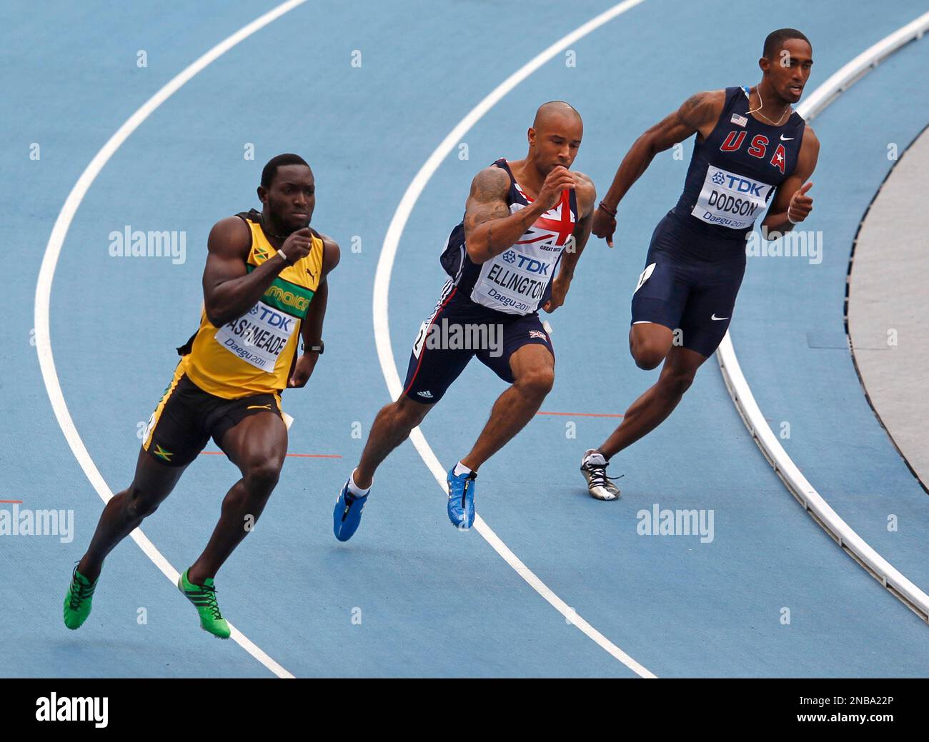 Jamaica's Nickel Ashmeade, left, Britain's James Ellington, center, and ...