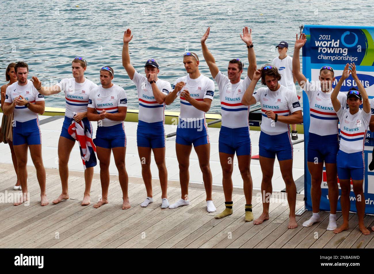 Men's Eight team of Great Britain celebrate their silver medal on the ...