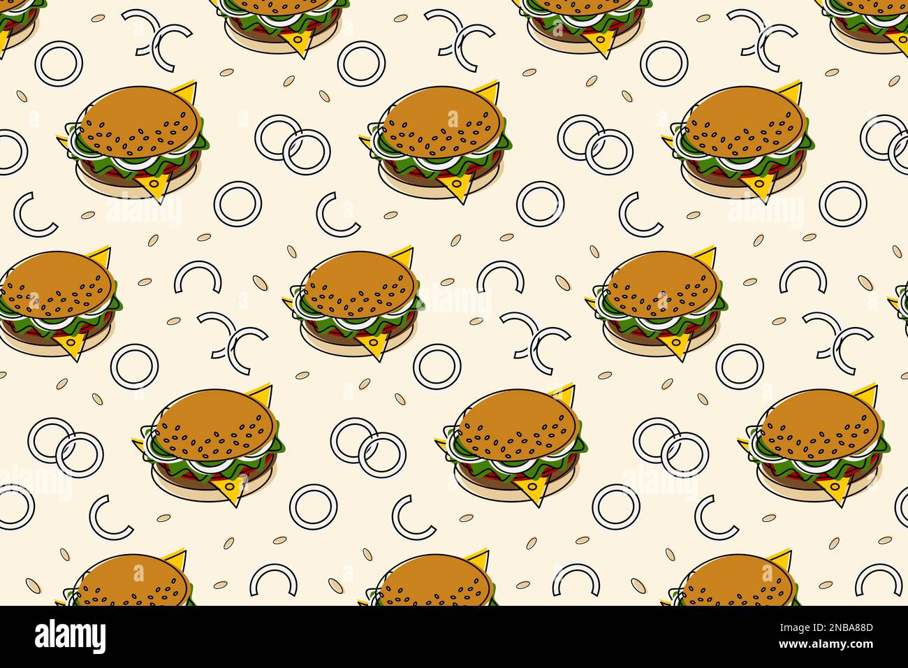 Endless pattern of Appetizing Hamburger with cheese, rings of onion ...
