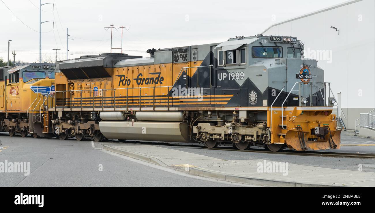 Seattle - February 12, 2023; Union Pacific locomotive in heritage Rio ...