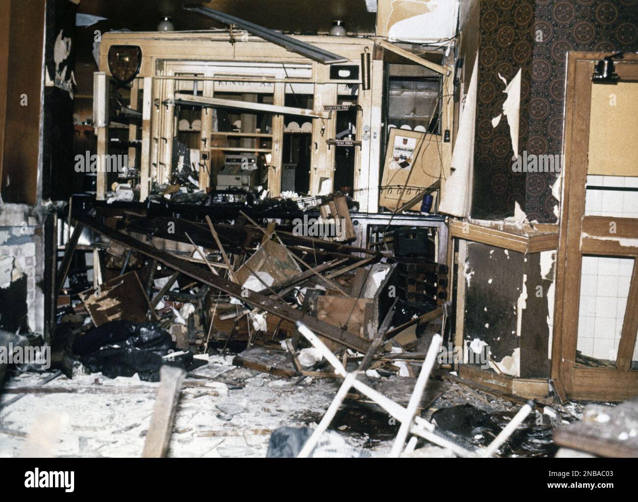 The wrecked interior of the King's Arms public house beside the British ...