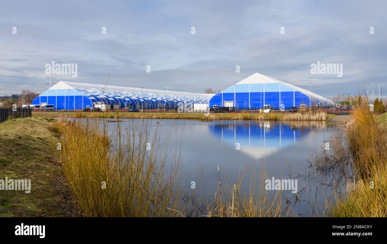 Kent, WA, USA - February 12, 2023; Buildings at the Blue Origin ...
