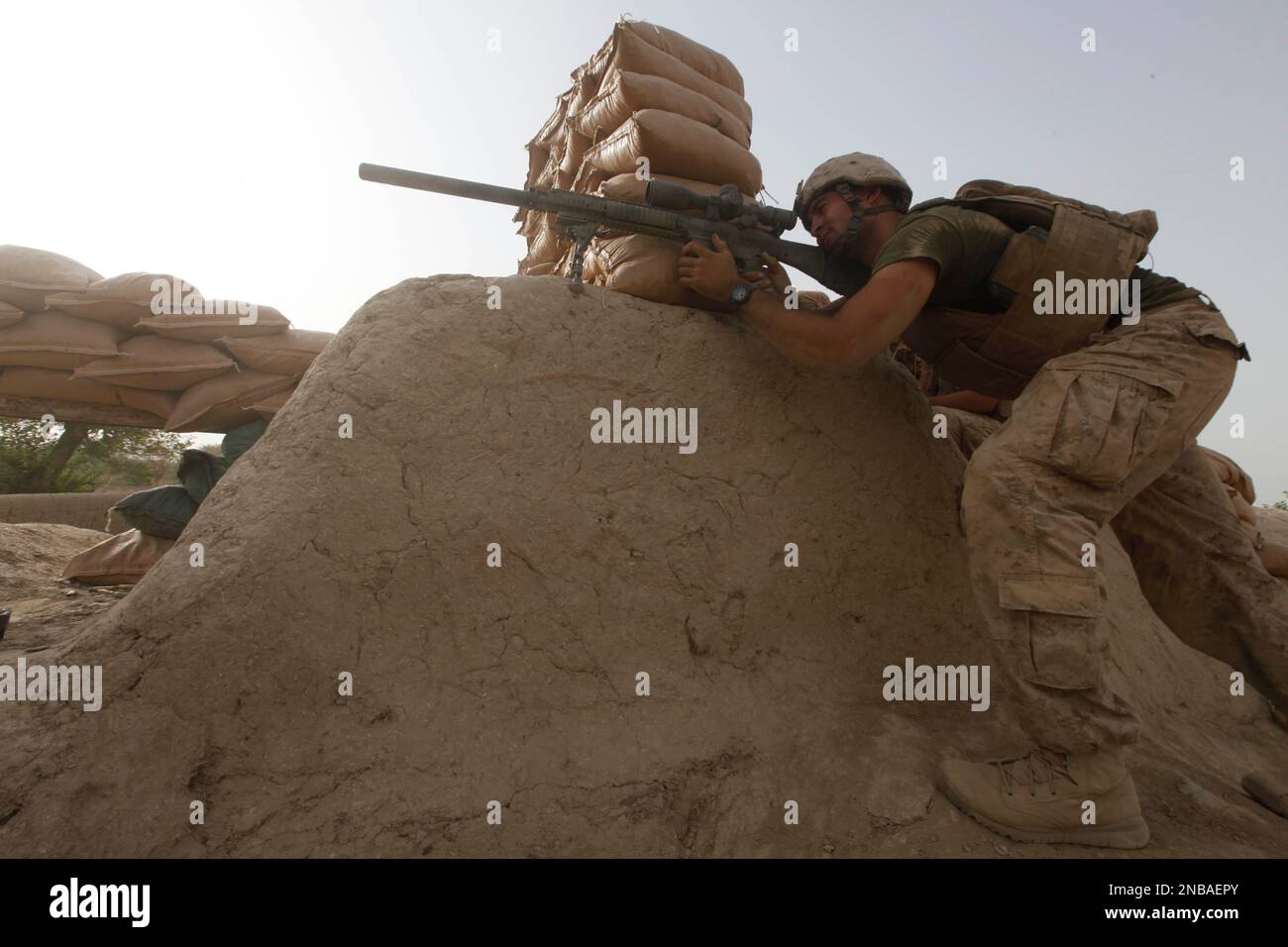 A U.S. Marine Scout-Sniper aims his rifle during an exchange of fire ...