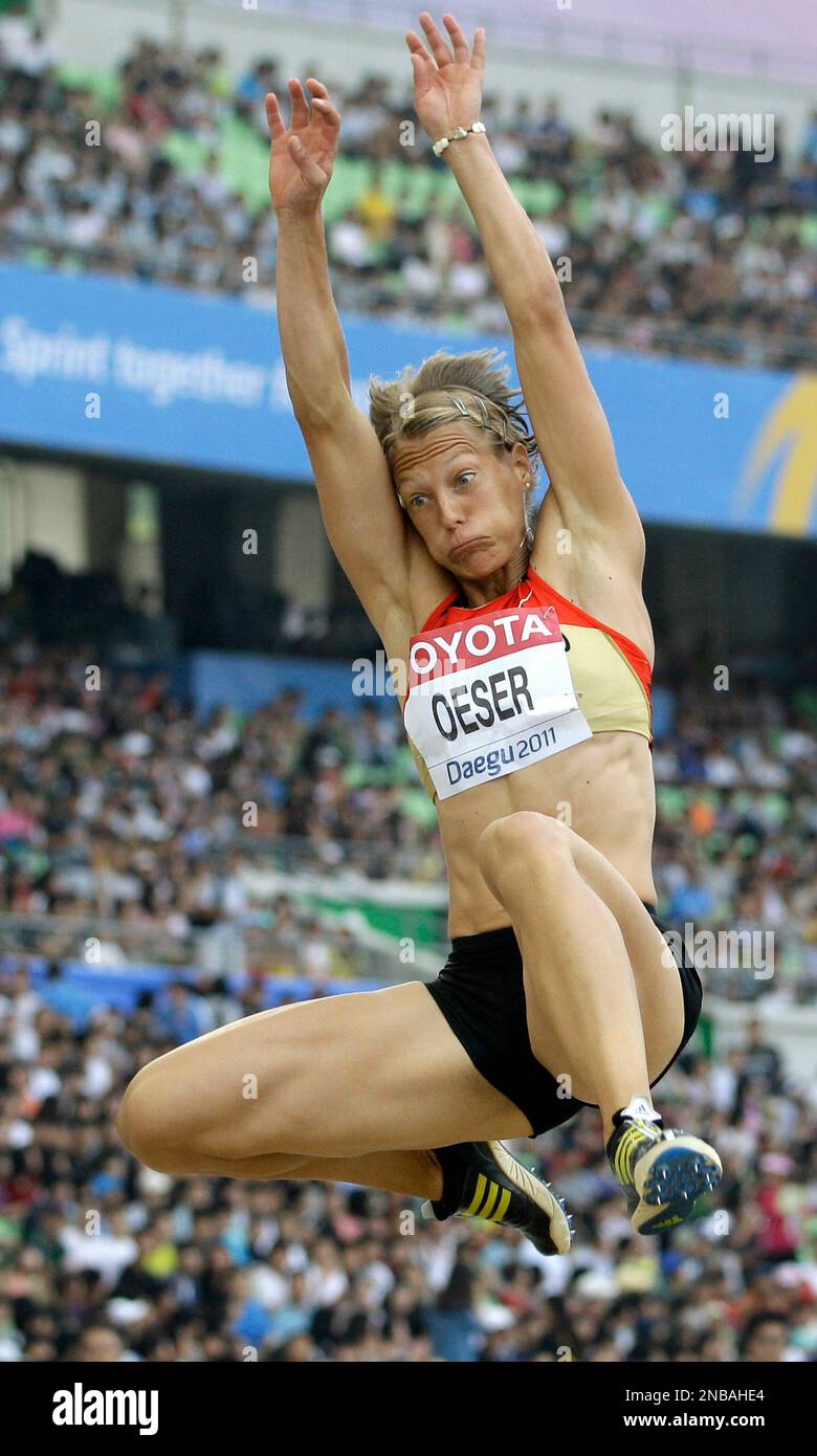 Germany's Jennifer Oeser makes an attempt in the Heptathlon Long Jump ...