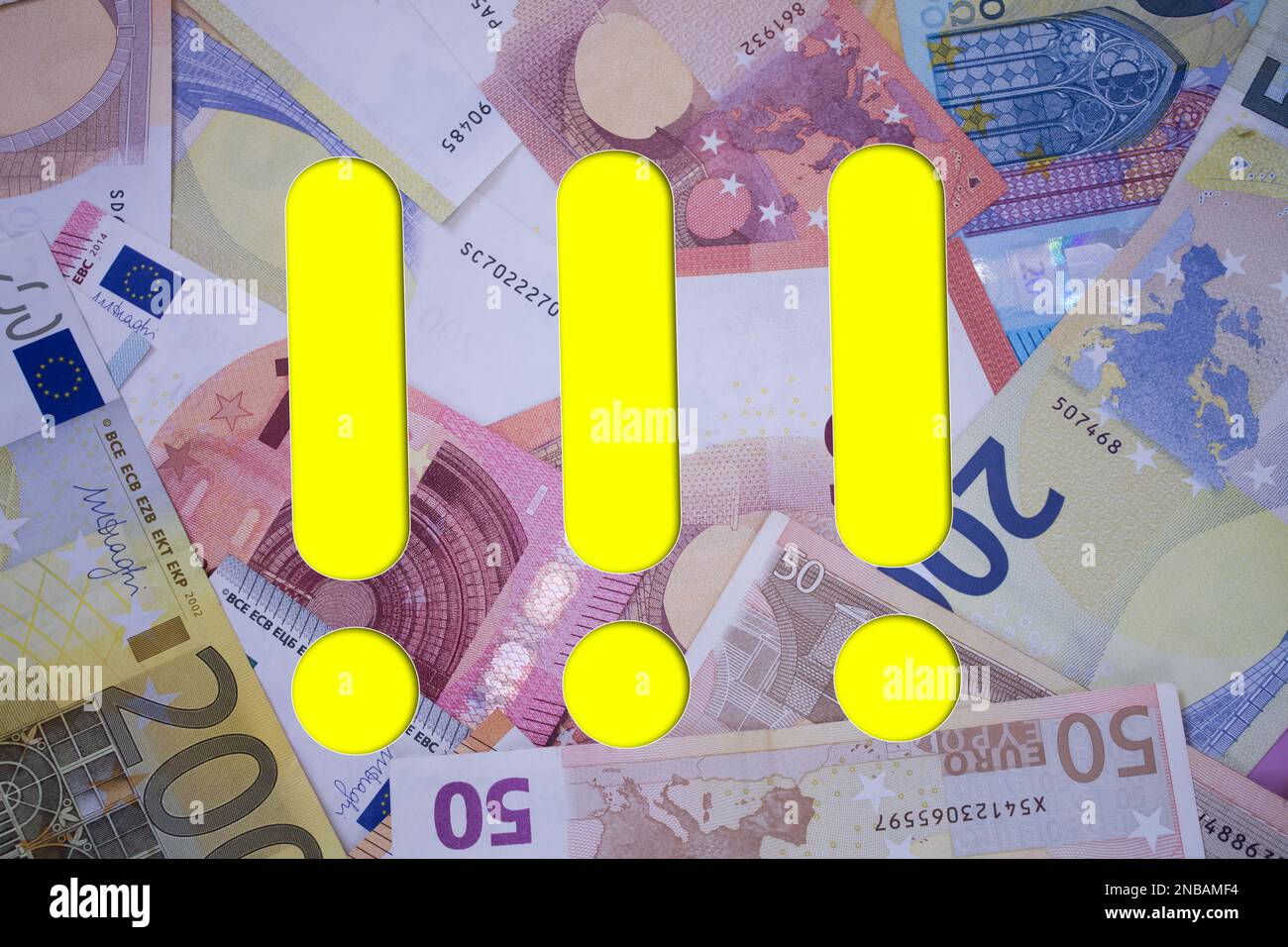 Exclamation mark word with money. Paper currency background with ...