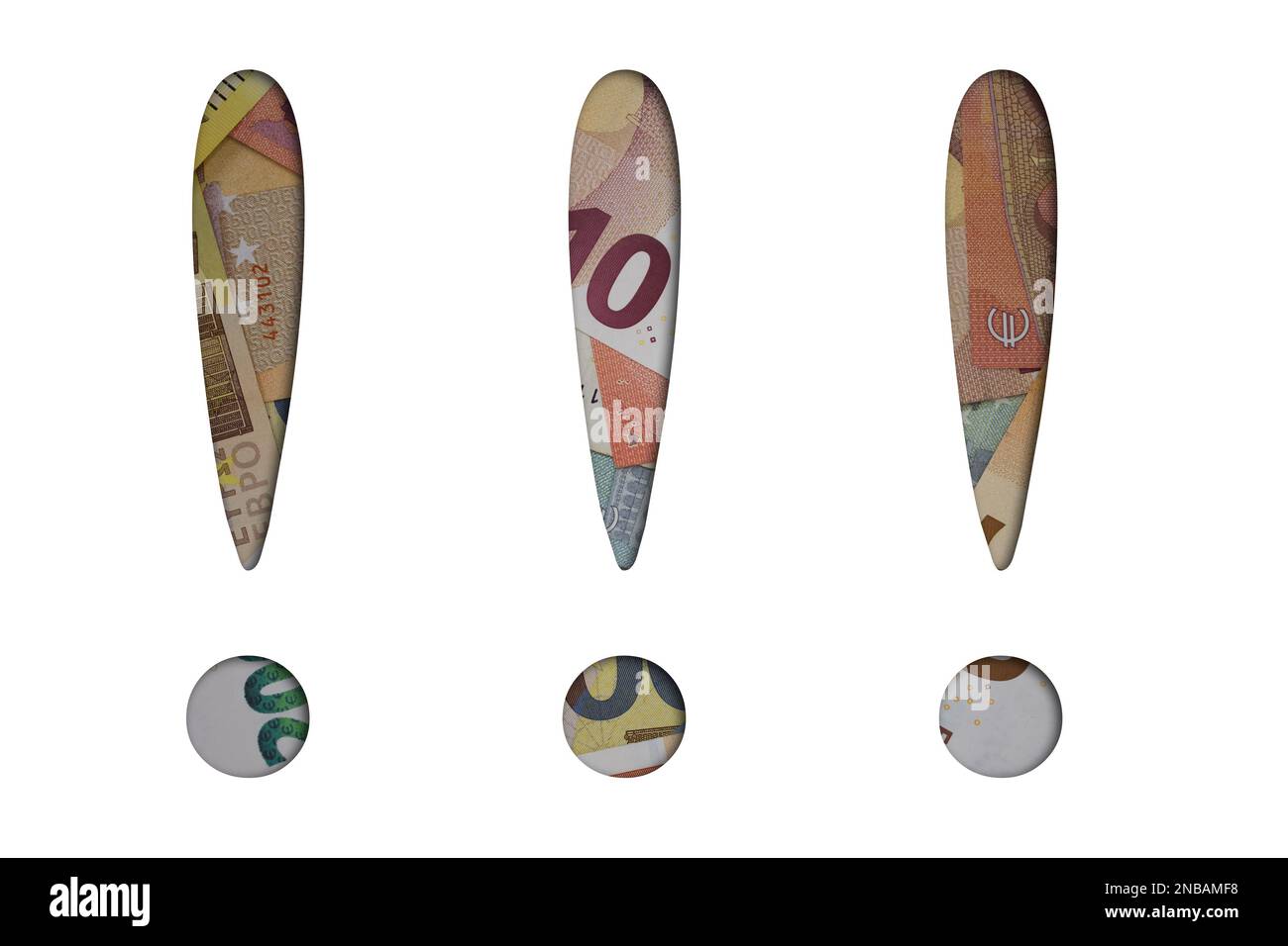 Exclamation mark word with money. Paper currency background with ...