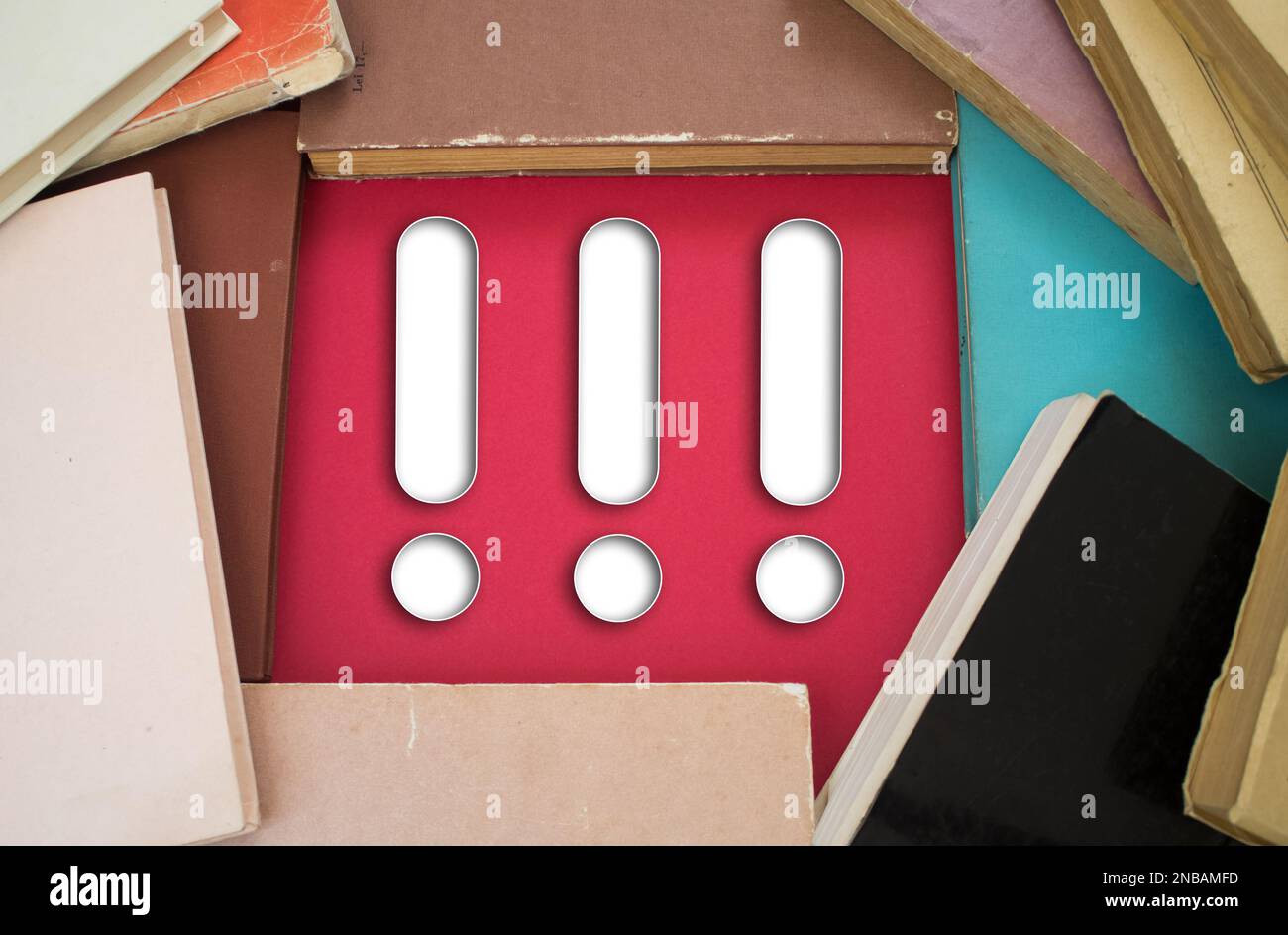 Exclamation mark word in opened book with vintage, natural patterns old ...