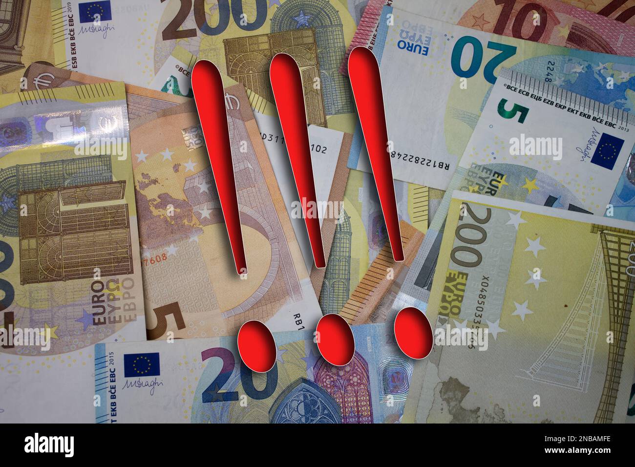 Exclamation mark word with money. Paper currency background with ...