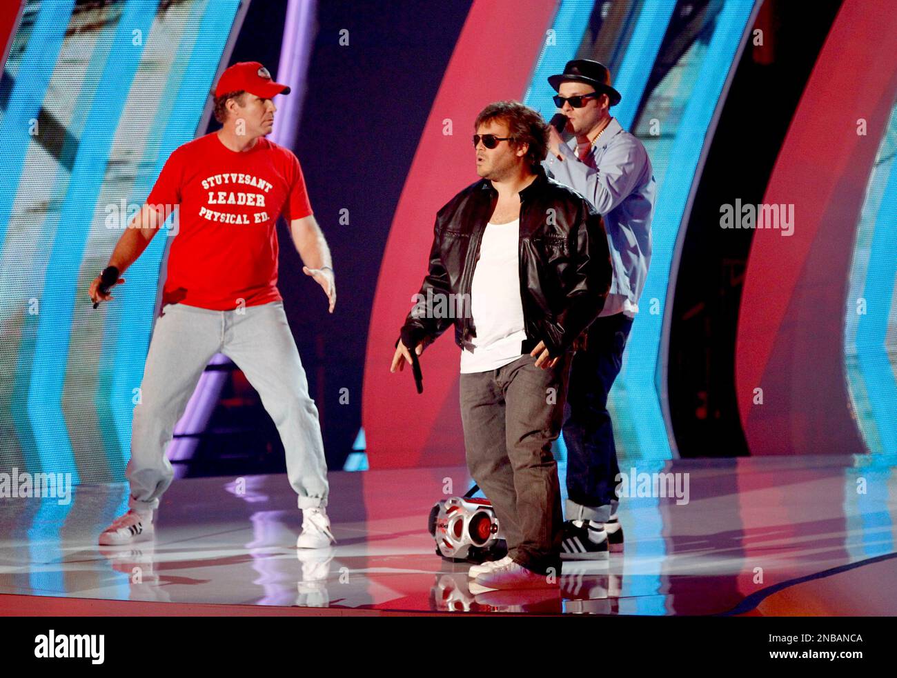 From left, Will Ferrell, Jack Black and Seth Rogan are seen on stage at ...