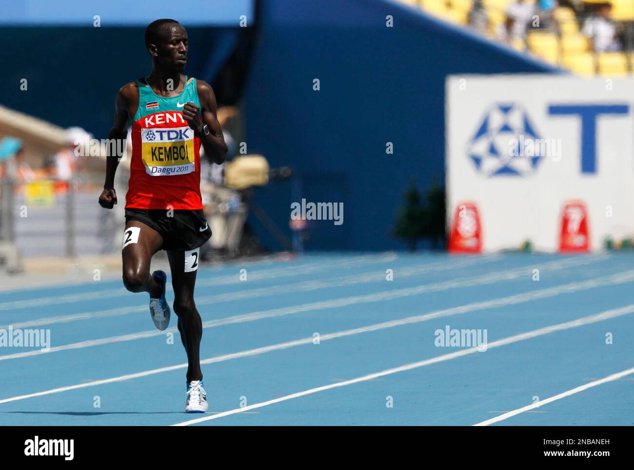 Kenya's Ezekiel Kemboi goes to cross the finish line in a heat of the ...