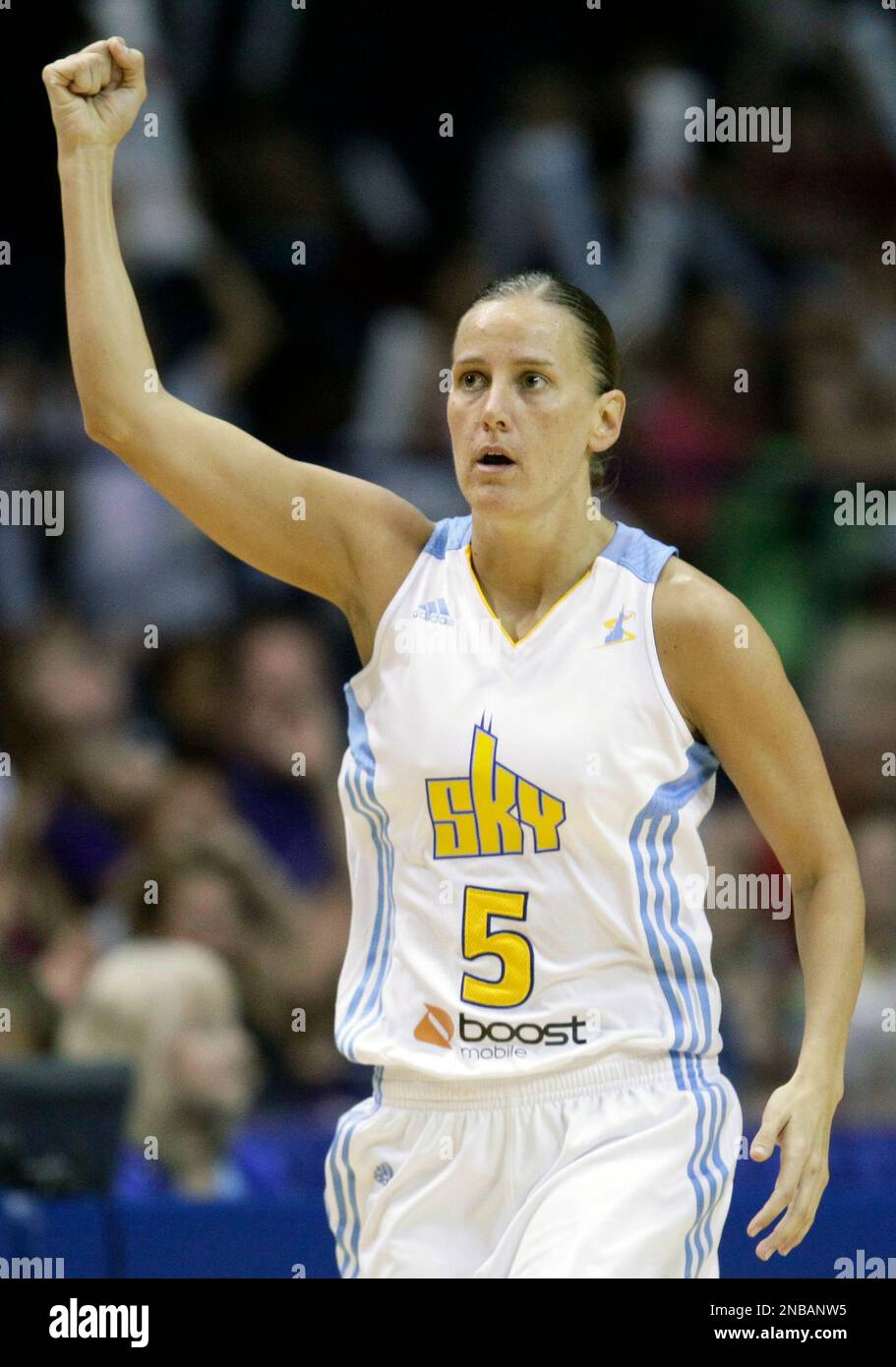 Chicago Sky's Erin Thorn celebrates after scoring a three- points shot ...