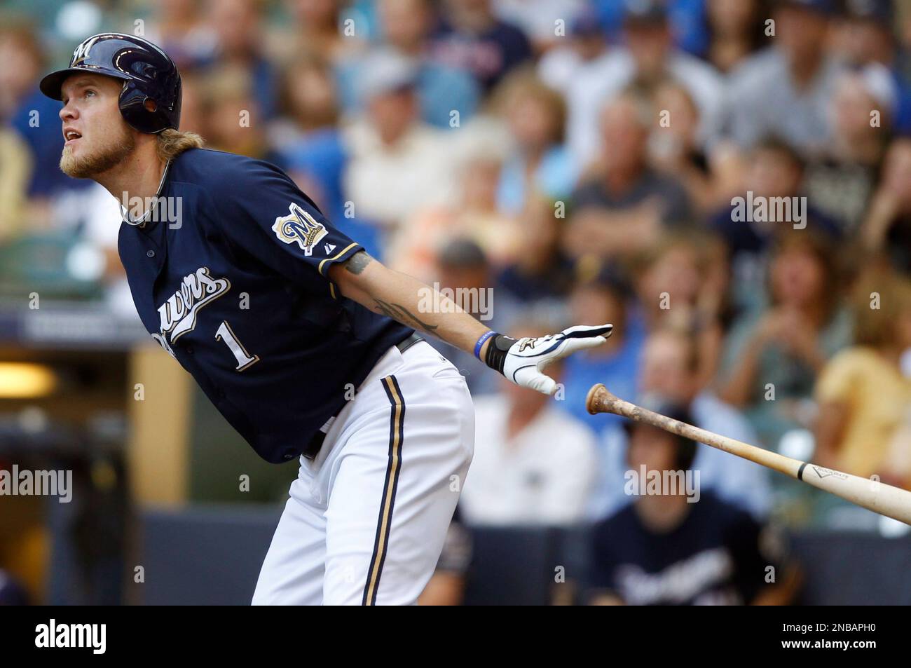 Milwaukee Brewers' Corey Hart watches his two-run home run during the ...