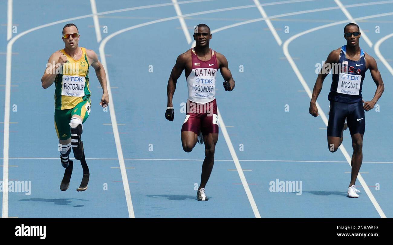 From left, South Africa's Oscar Pistorius, Qatar's Femi Ogunode and USA ...