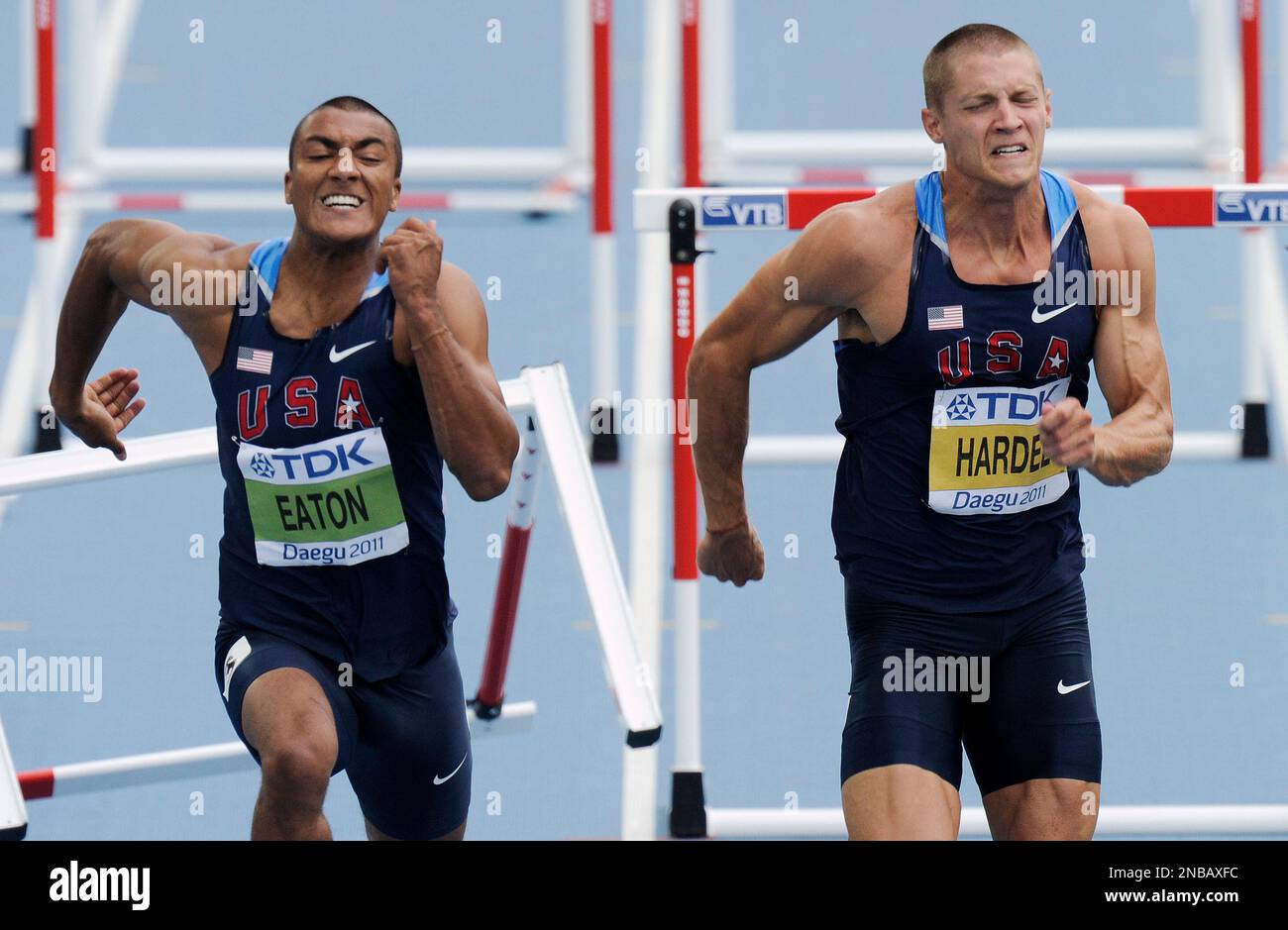 USA's Ashton Eaton, left, and USA's Trey Hardee compete in a Decathlon ...
