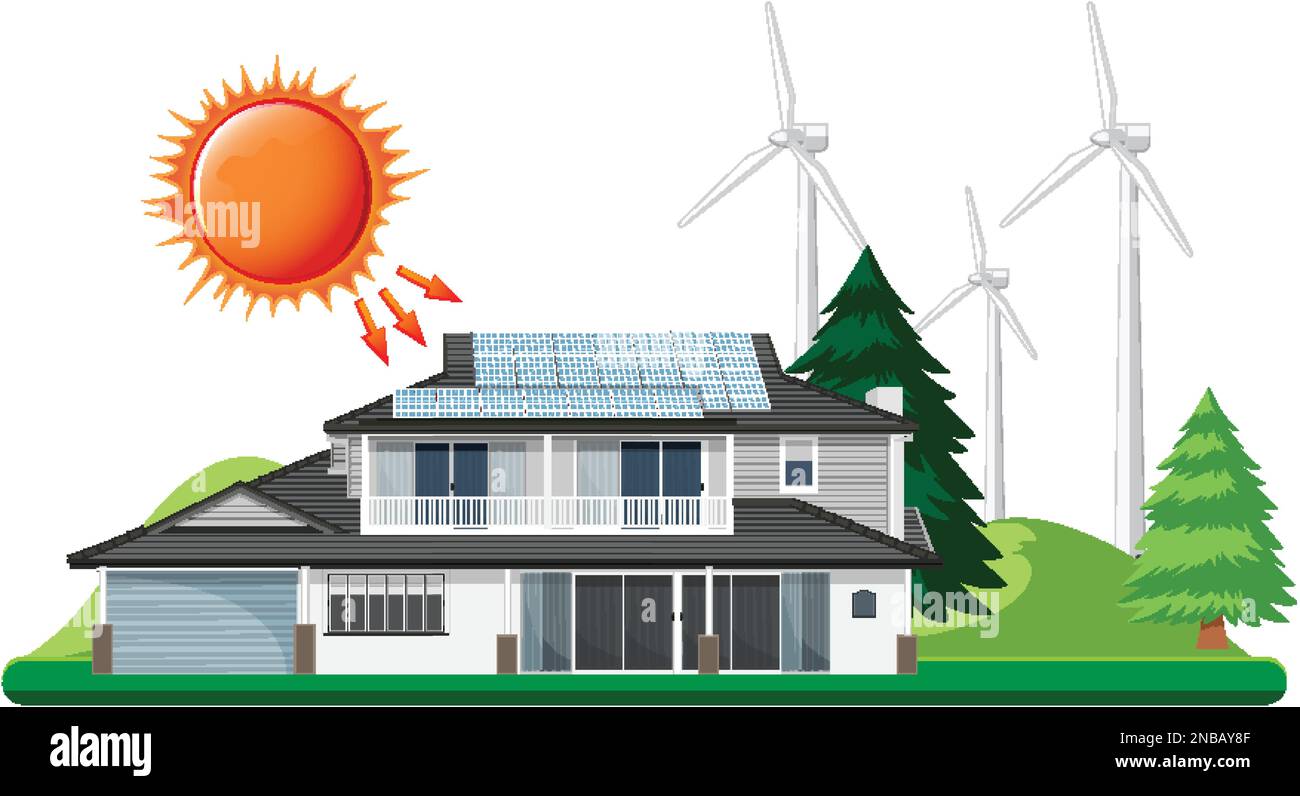 Solar energy with house and solar cell illustration Stock Vector Image ...