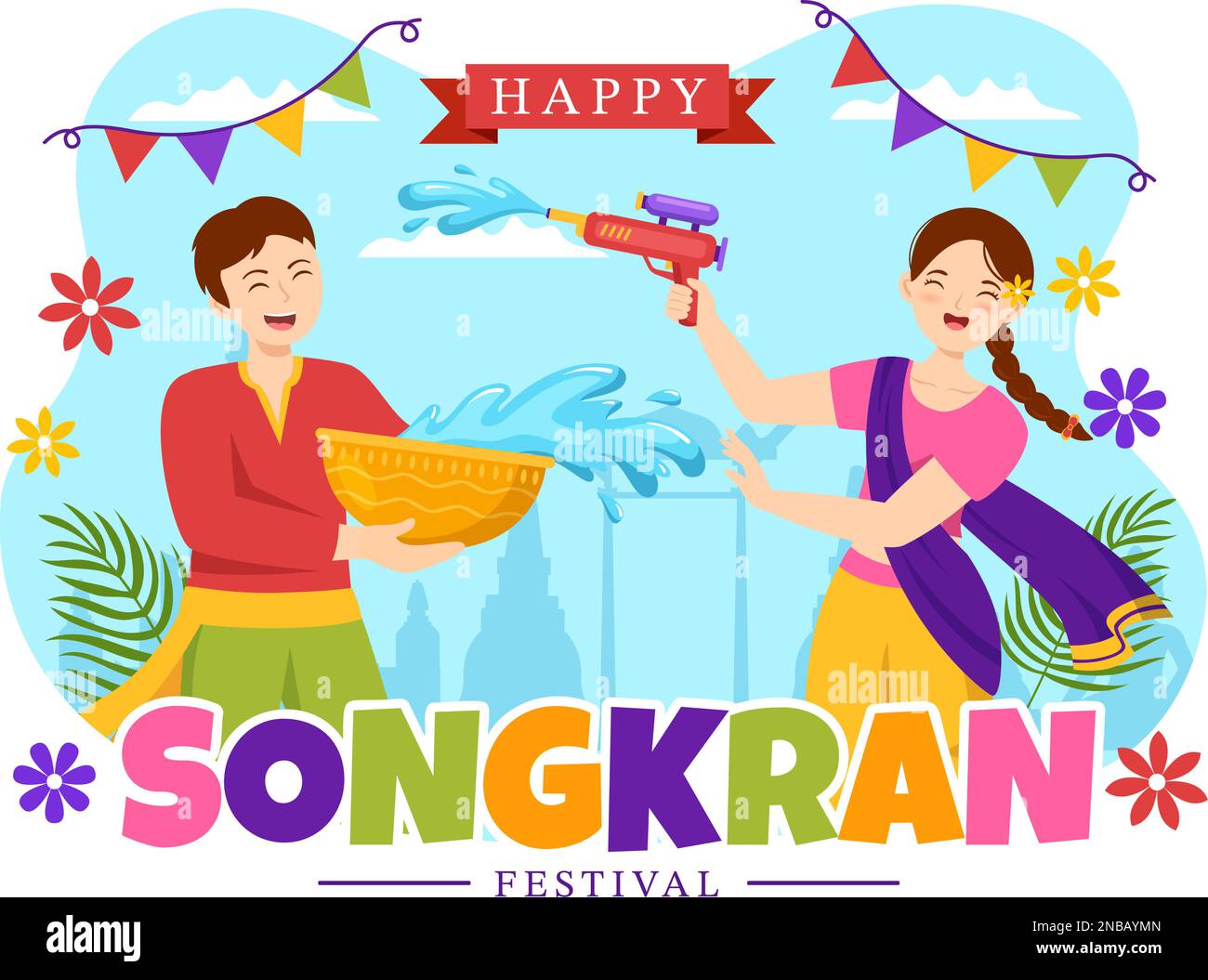 Happy Songkran Festival Day Illustration with Playing Water Gun in ...