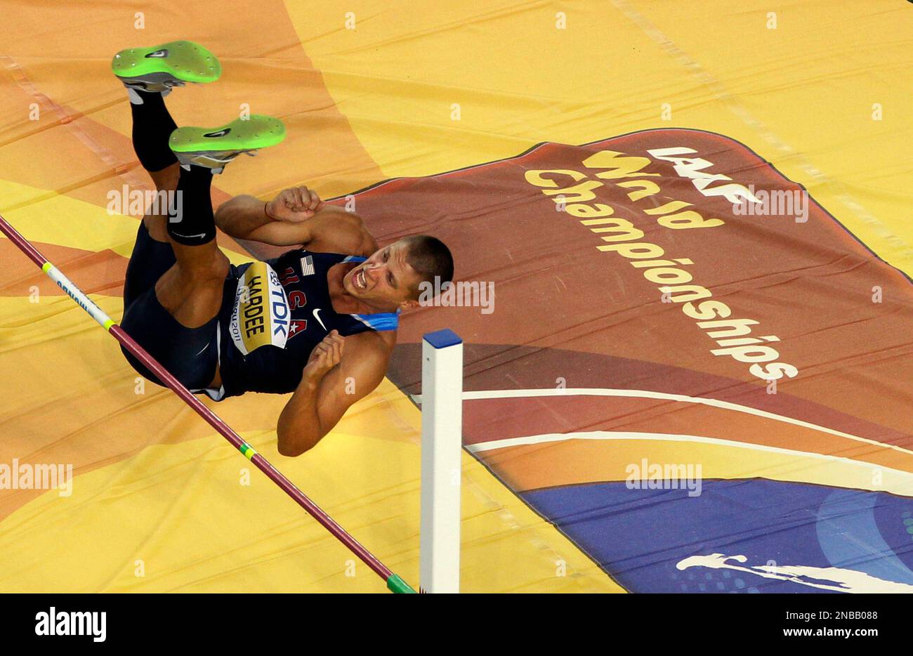 USA's Trey Hardee clears the bar in the Decathlon High Jump at the ...