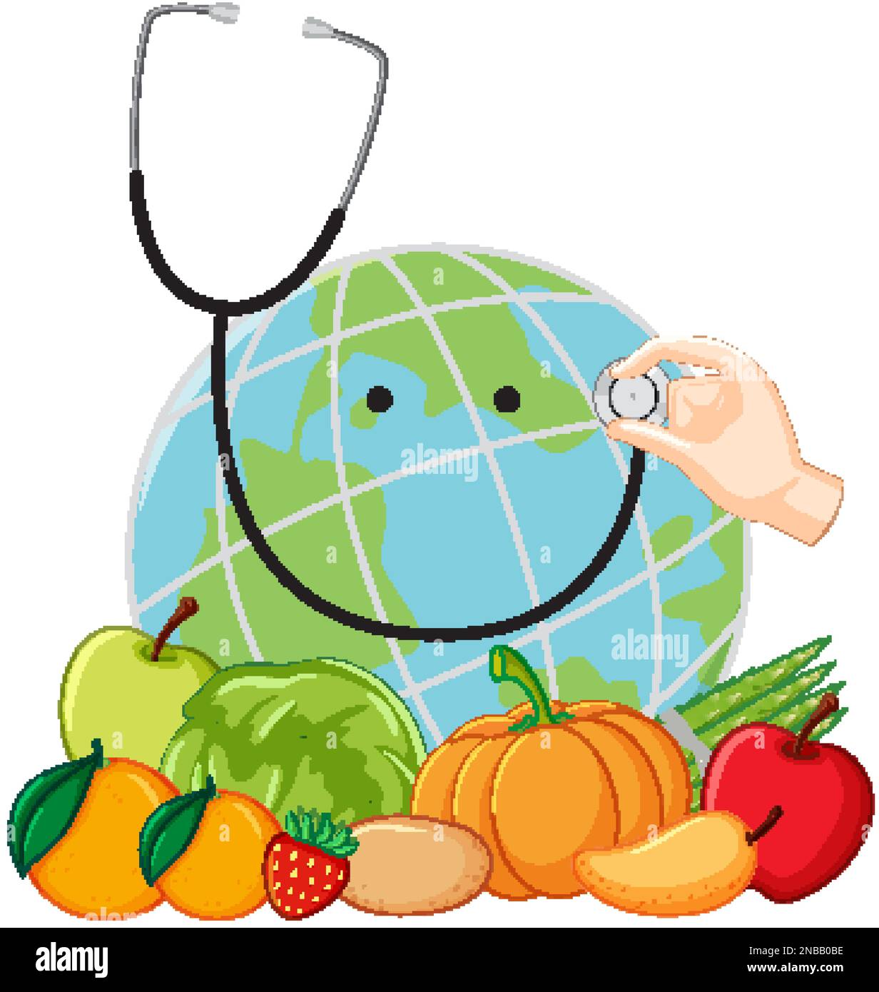 Earth globe with stethoscope and fruit vegetable illustration Stock ...