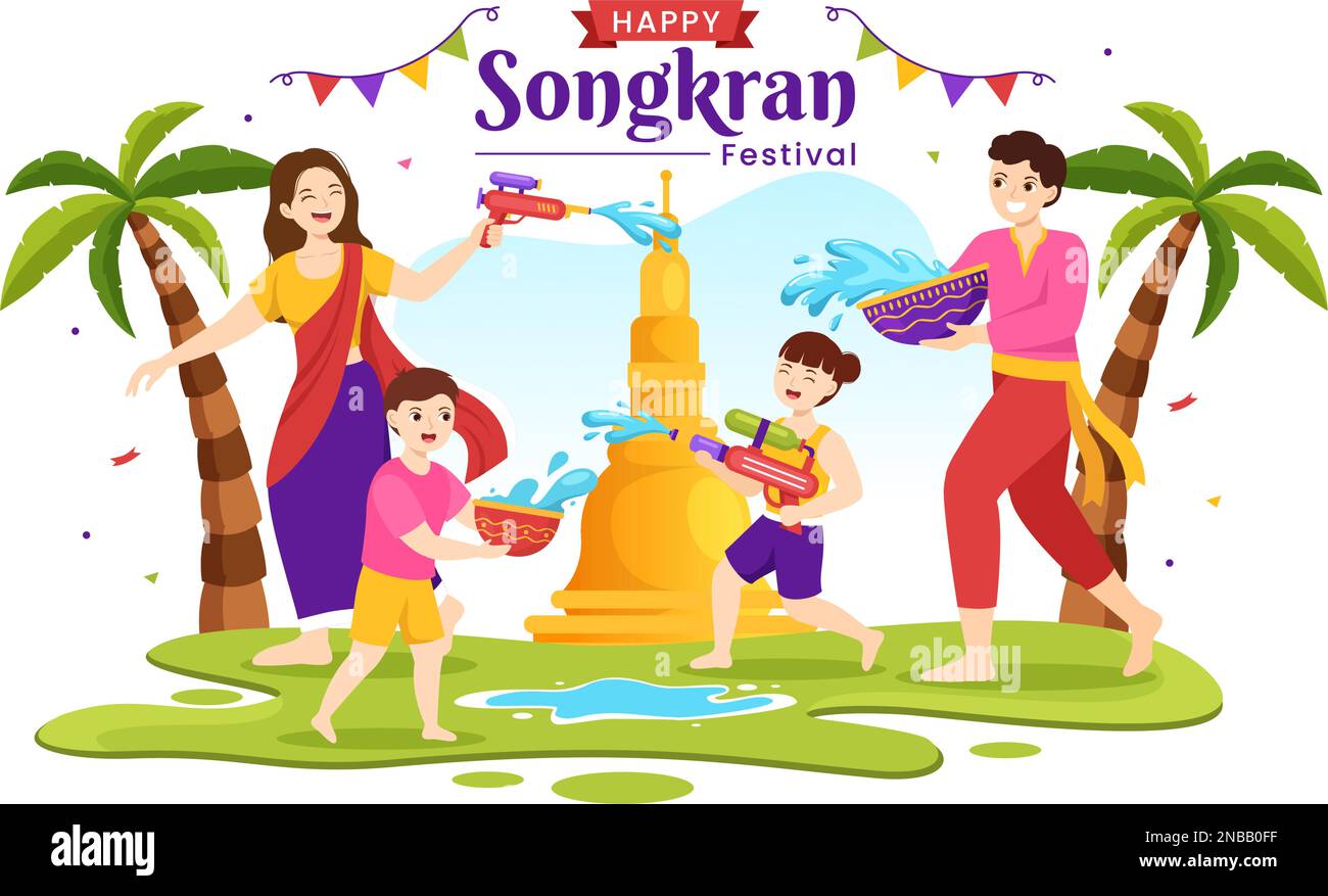 Happy Songkran Festival Day Illustration with Kids Playing Water Gun in ...