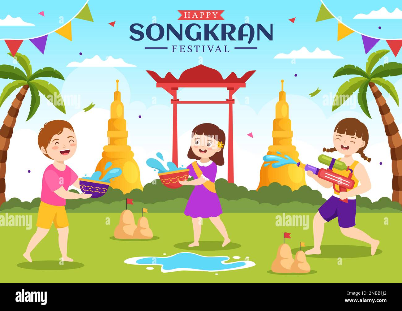 Happy Songkran Festival Day Illustration with Kids Playing Water Gun in Thailand Celebration in ...