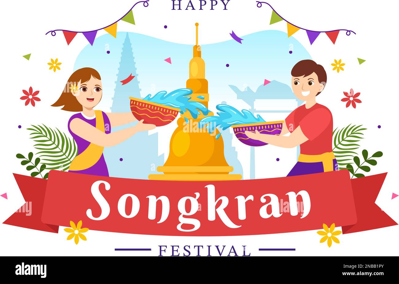 Happy Songkran Festival Day Illustration with Kids Playing Water Gun in ...