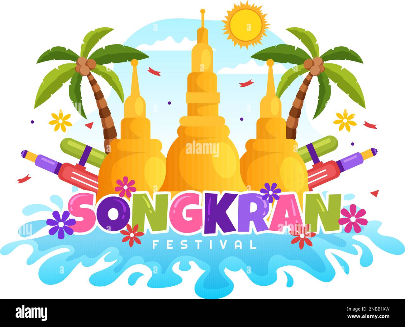 Happy Songkran Festival Day Illustration with Playing Water Gun in ...