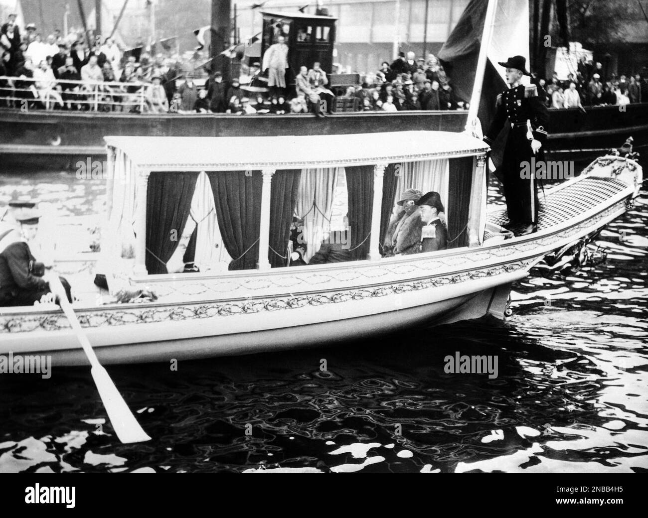 Queen Wilhelmina in the royal barge Sloep reviewed Dutch naval vessels ...