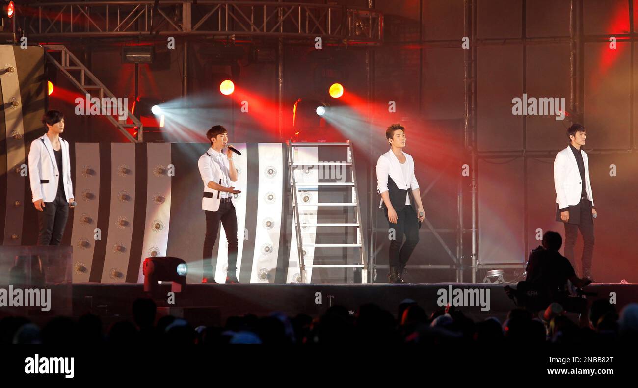 In this Aug. 20, 2011 photo, South Korean pop group 2AM performs during ...