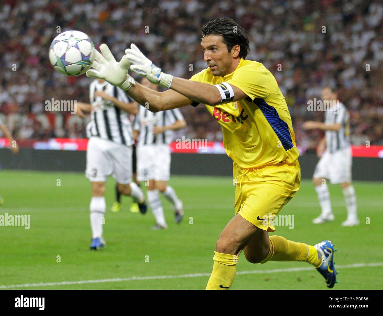 Juventus goalkeeper Gianluigi Buffon controls the ball during a pre ...