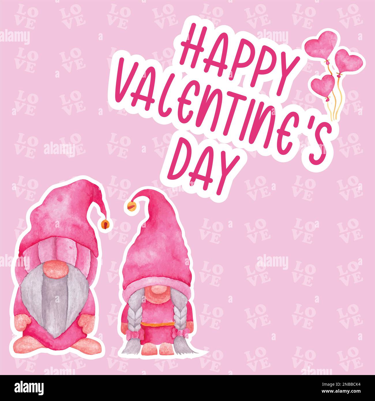 Happy Valentine Day With Cute Gnome And Flower, Cartoon Illustration ...