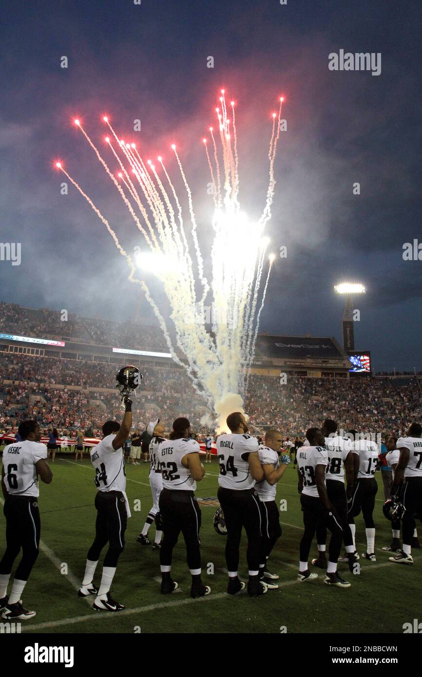 Jacksonville Jaguars on the field during a fireworks display at the end ...