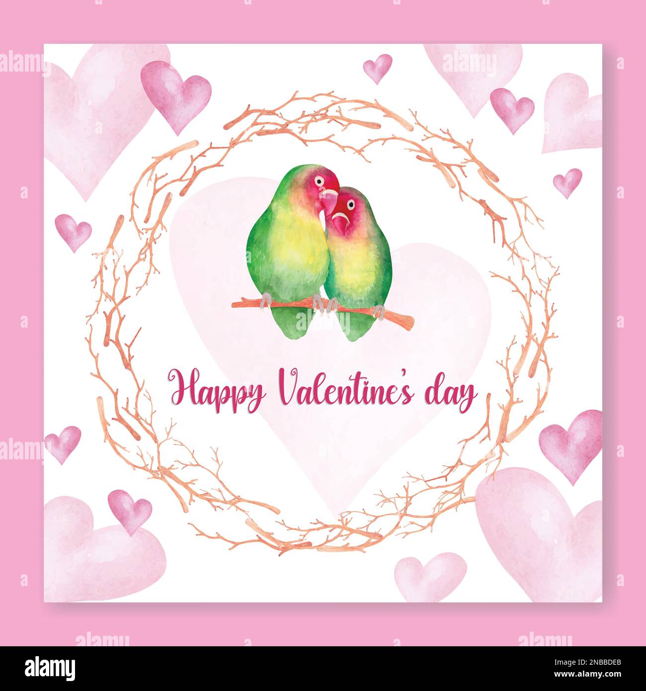 Two cute birds on blooming branch - card for Valentine day. watercolor ...