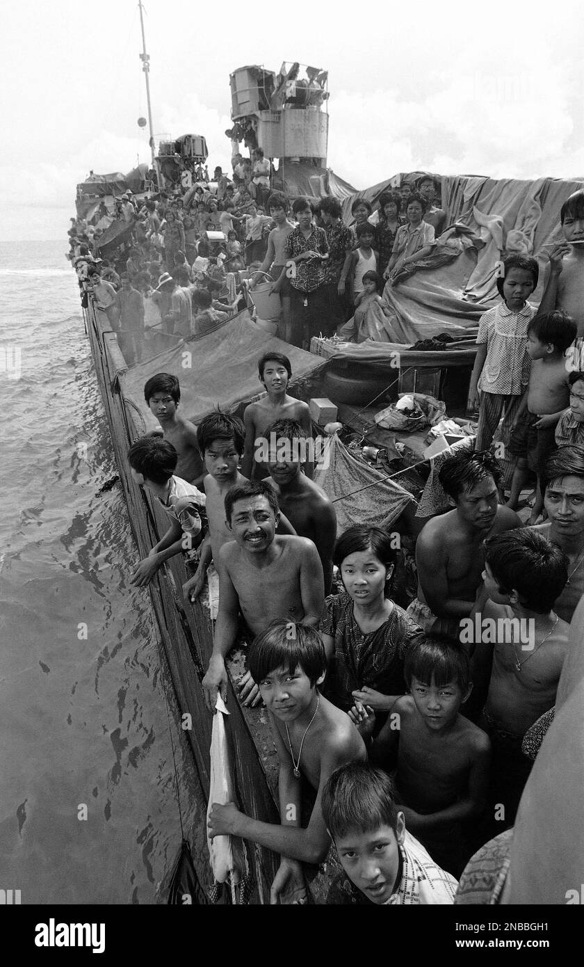 Vietnamese refugees crowd deck of freighter Hai Hong, Nov. 22, 1978, as ...