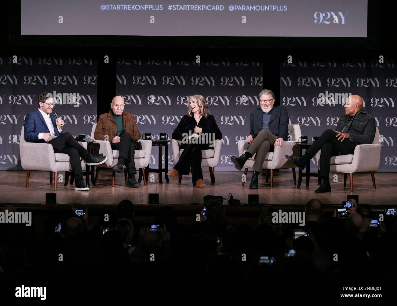 Josh Horowitz, left, Patrick Stewart, Gates McFadden, Jonathan Frakes ...