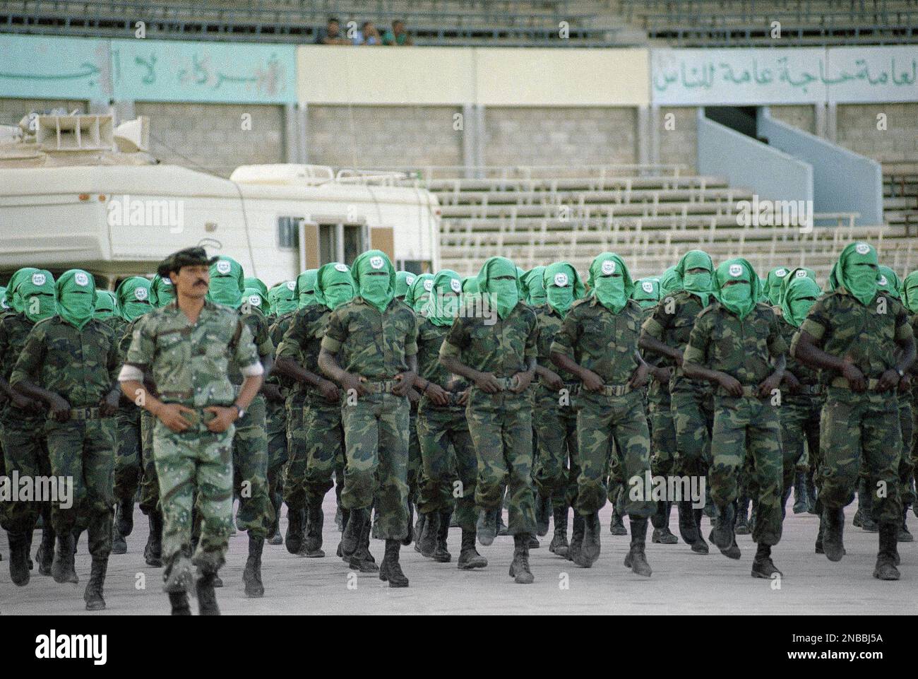 Libyan desert commando fighters parade in Tripoli stadium, Libya on ...