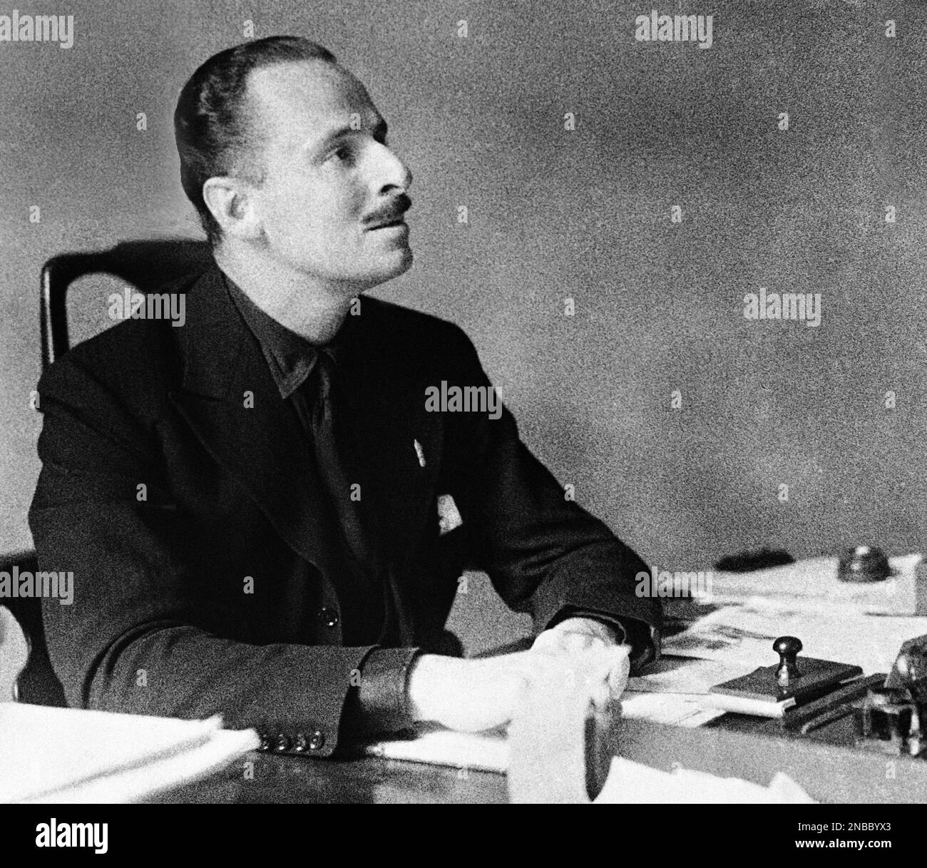 Sir Oswald Mosley, leader of the British Union of Fascists at work at ...