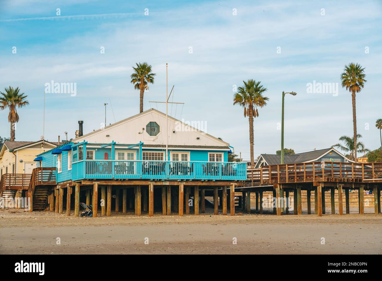 Avila Beach, California, USA - February 2, 2023. Wide sandy beach, and ...