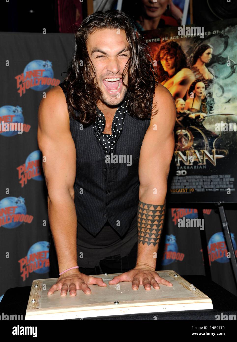 Actor Jason Momoa makes an appearance at Planet Hollywood Times Square ...