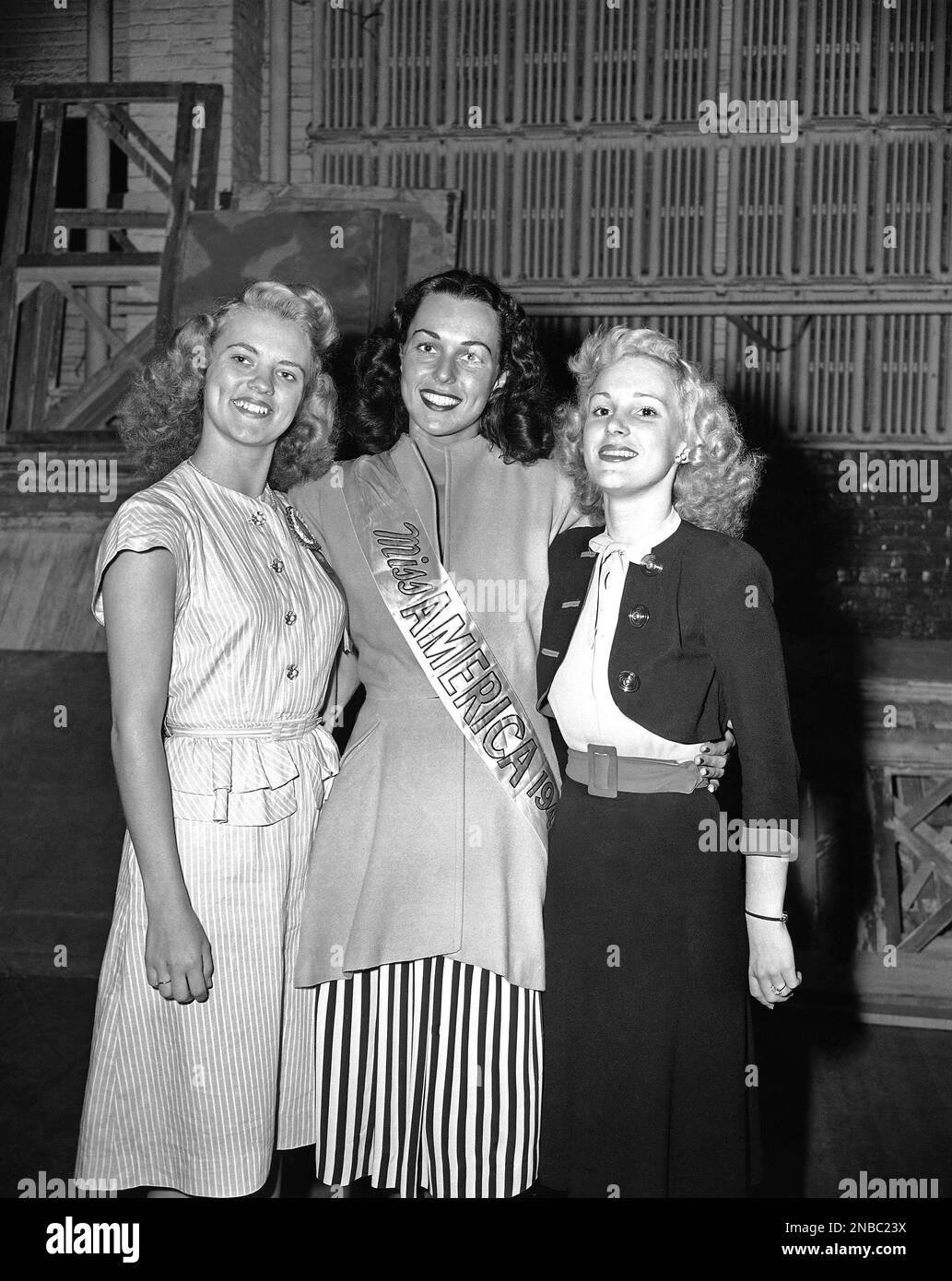 Bess Myerson, Miss America of 1945, center, stands with Jeanne Carlson ...