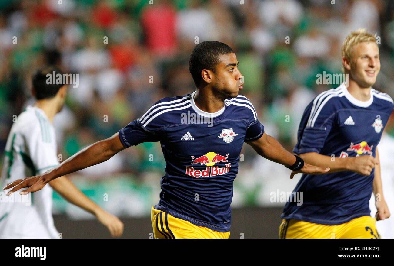Alan Douglas of Salzburg, Austria, celebrates his goal against Omonia ...