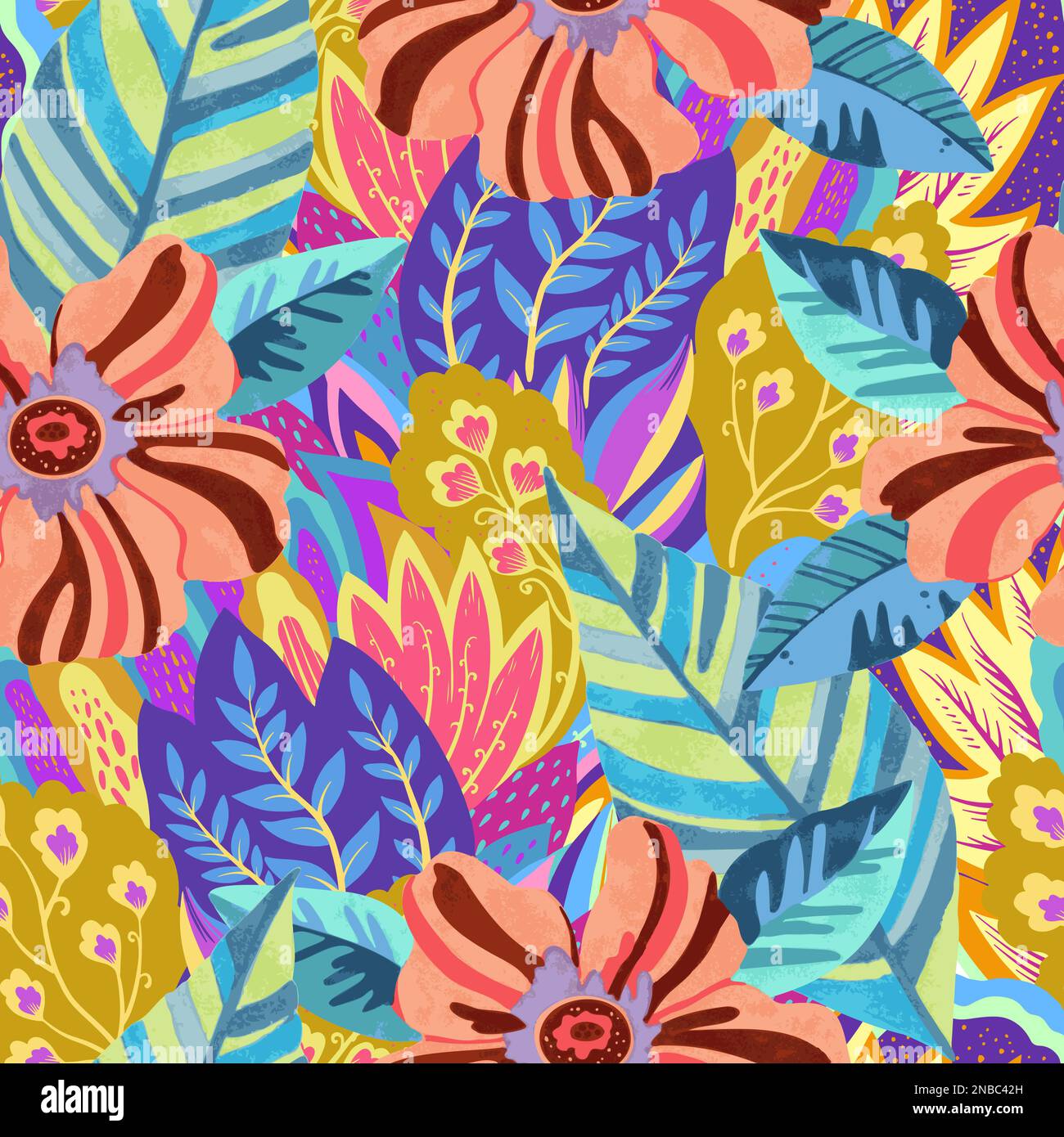 Colorful vivid psychedelic pattern with abstract tropical flowers for ...