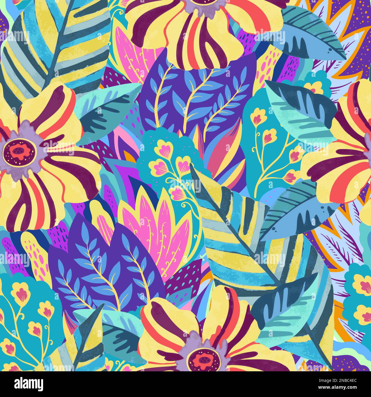 Colorful vivid psychedelic pattern with abstract tropical flowers for ...